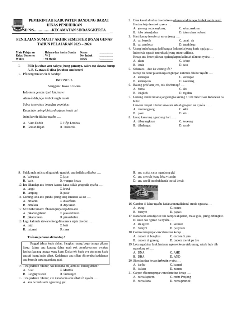 Master Soal Bahasa Dan Sastra Sunda Kelas 5 | PDF