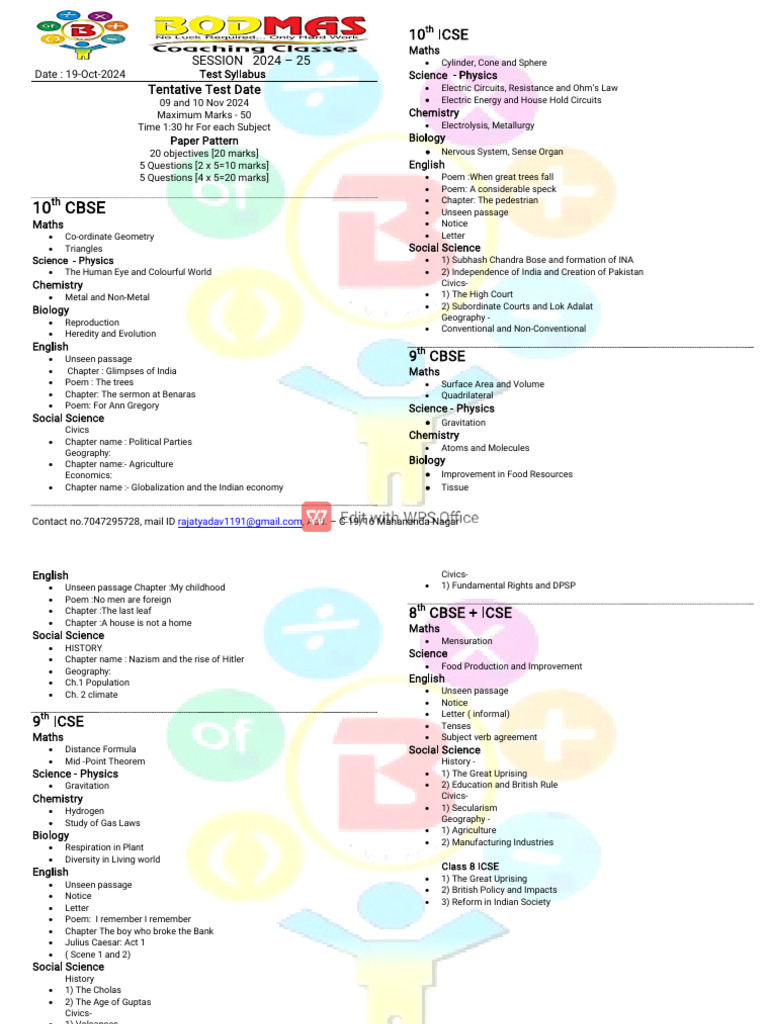 November 2024 Test Syllabus Overview | PDF | Science