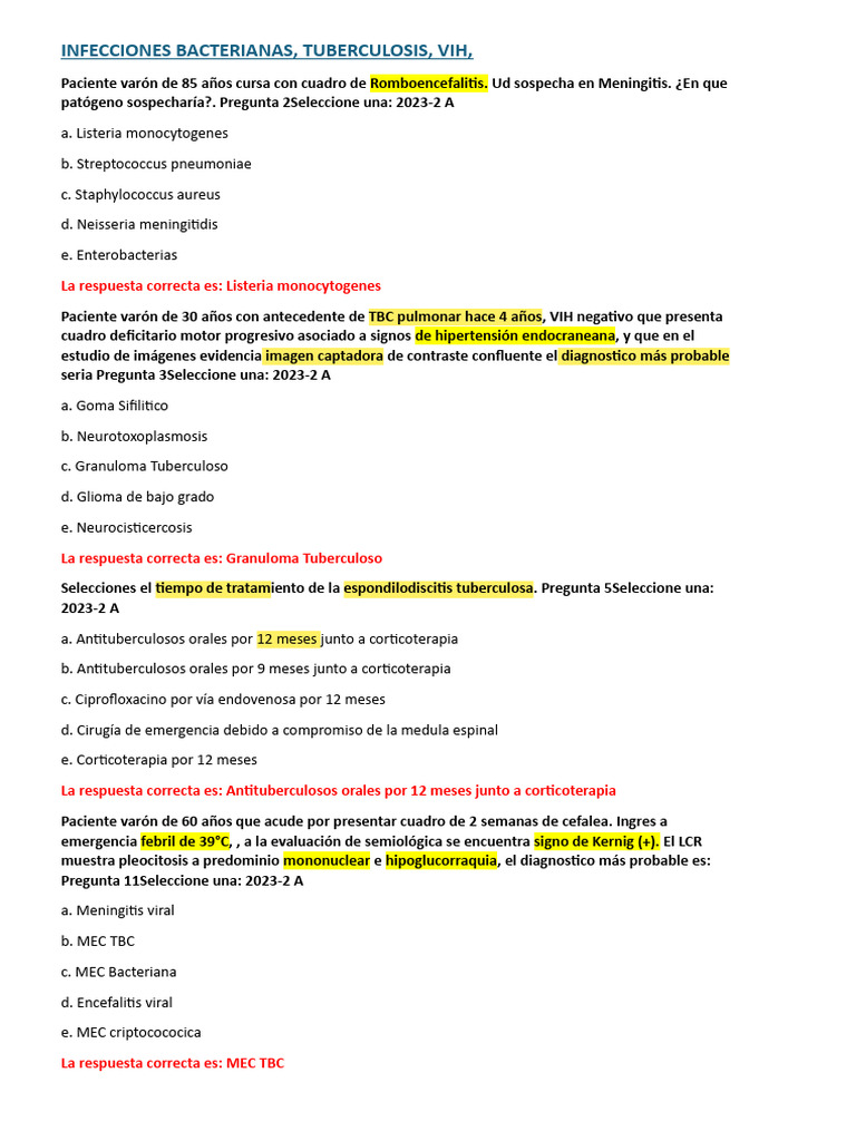 1 y 2. Banco de Infecciones Bac, TBC, Virus, Vih, Parasitos | PDF | Meningitis | Tuberculosis