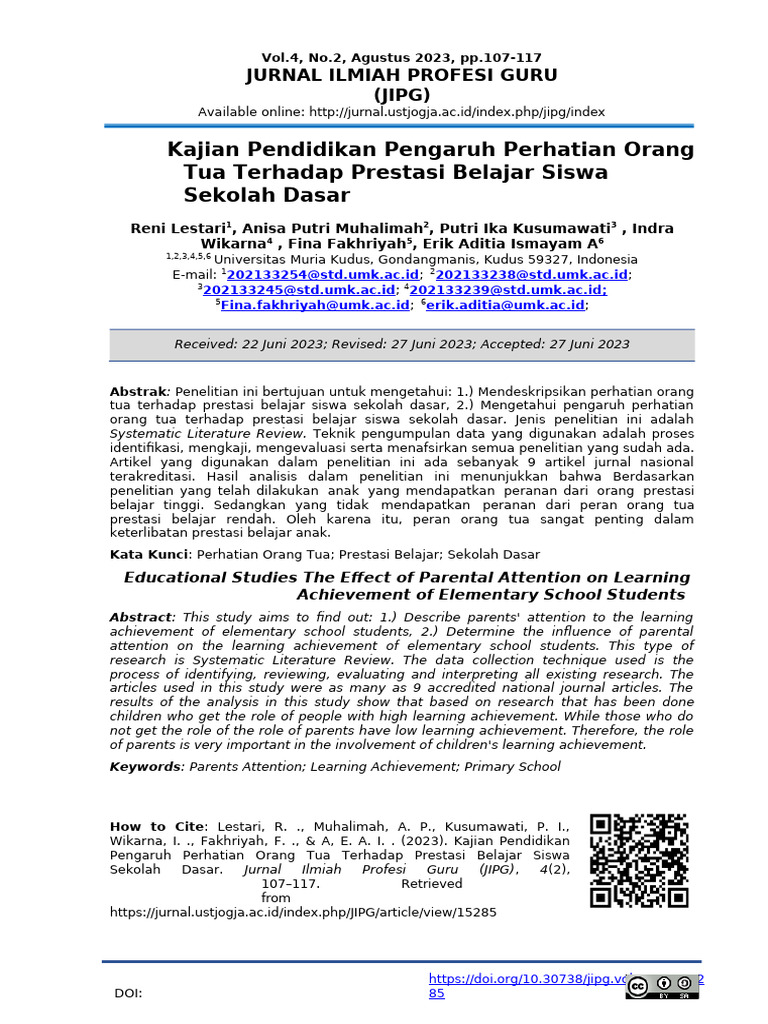 Kajian Pendidikan Pengaruh Perhatian Orang Tua Terhadap Prestasi Belajar Siswa Sekolah Dasar ...