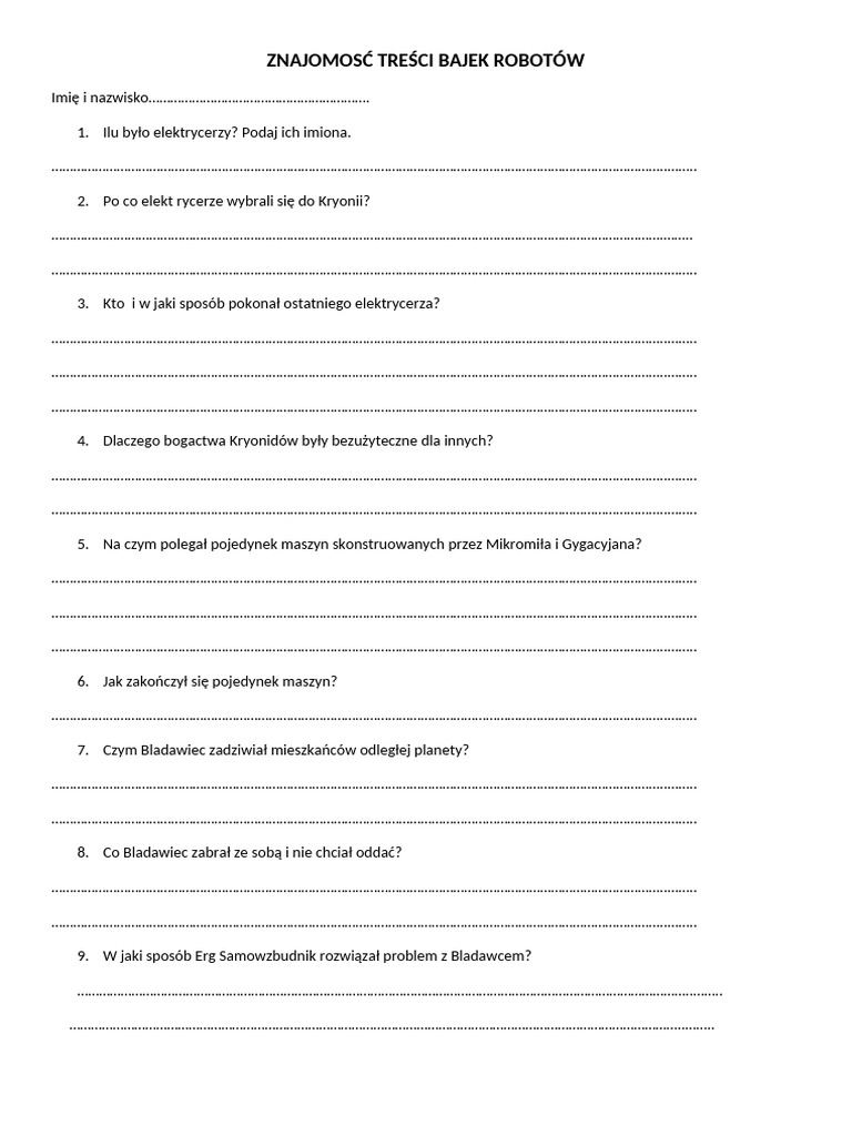 Bajki Robotów - Sprawdzian | PDF