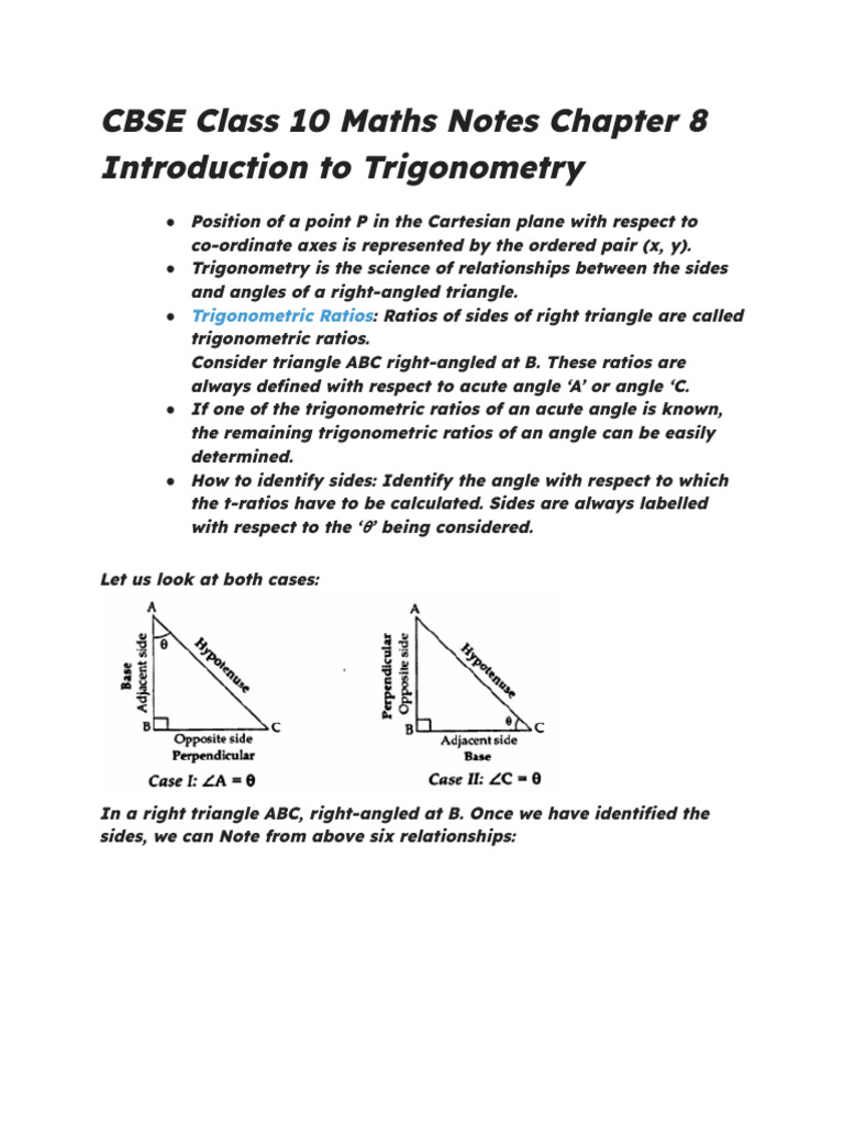 Class 10 Trigonometry Basics | PDF