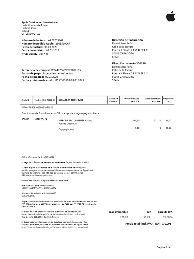 Facture Apple Airpods | PDF | Factura | Comercio