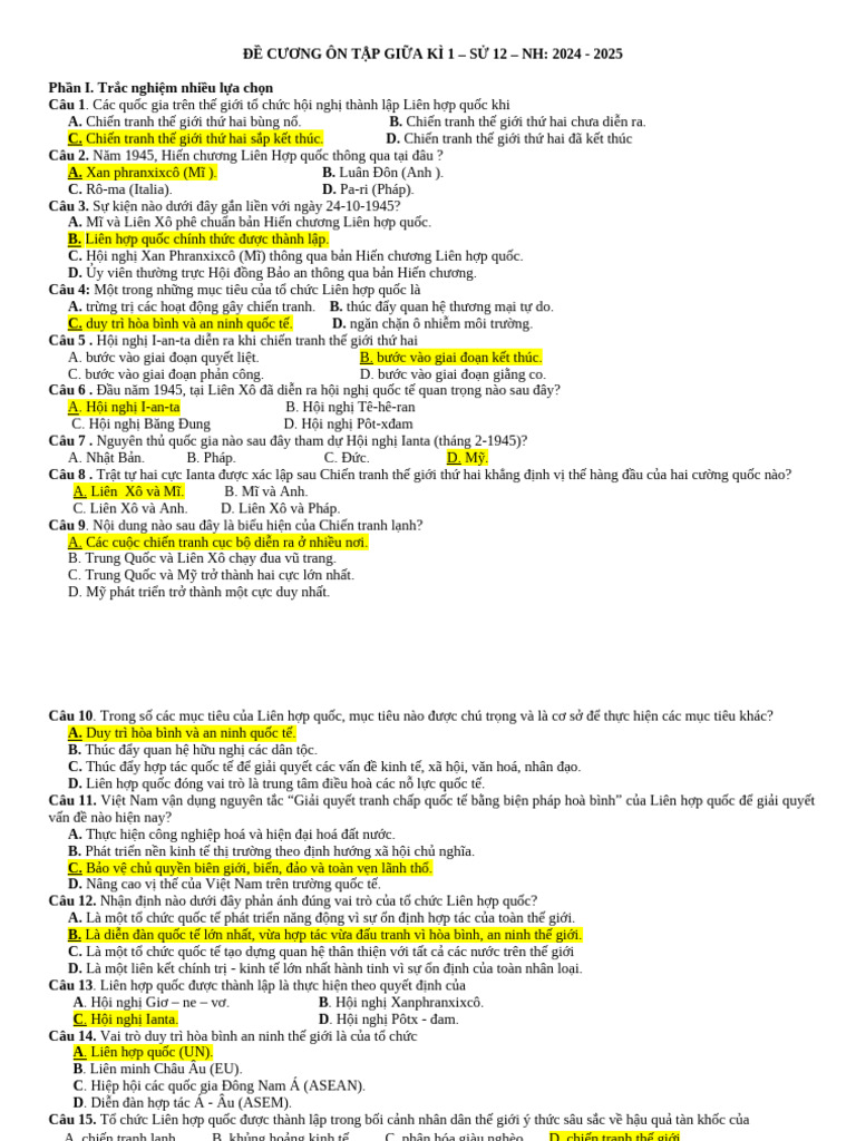 ĐÁP ÁN ĐỀ CƯƠNG - GKI - SỬ 12 | PDF