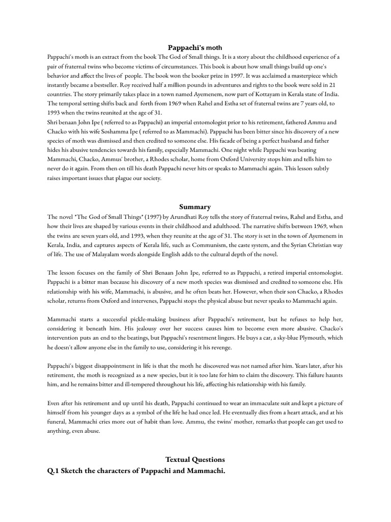 Pappachi's Moth Class 10th | PDF | Social Science | General Fiction