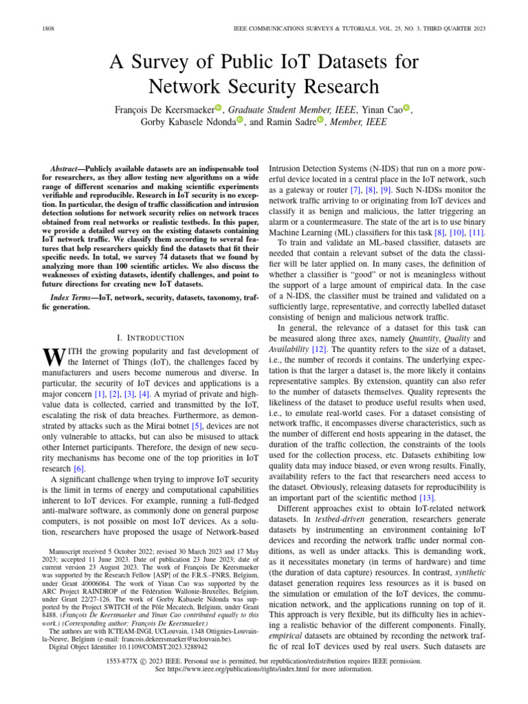 A Survey Of Public Iot Datasets For Network Security Research Pdf
