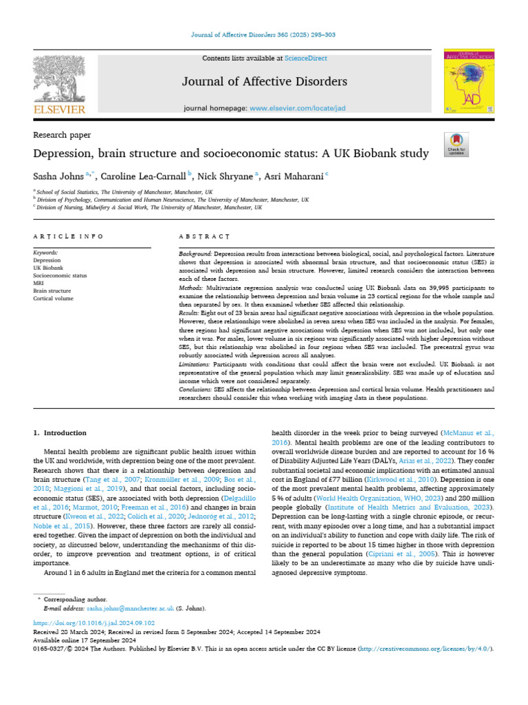 Journal of Affective Disorders: Sasha Johns, Caroline Lea-Carnall, Nick Shryane, Asri Maharani ...