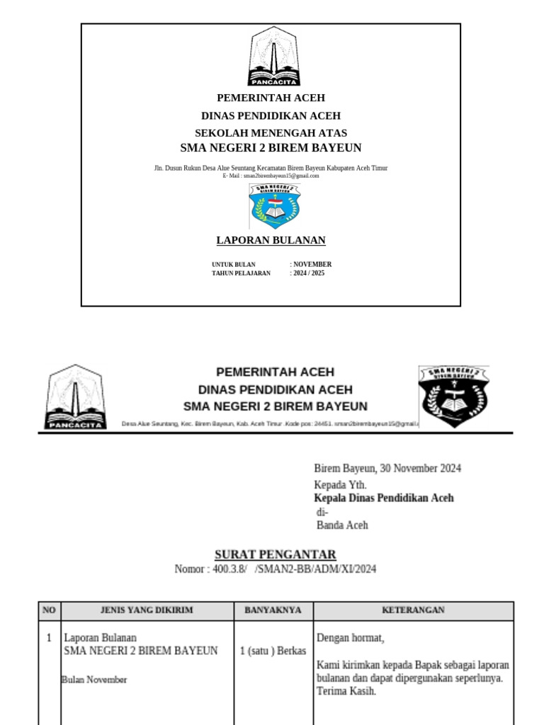 Laporan Bulan November 2024 Sman 2 Birem Bayeun | PDF