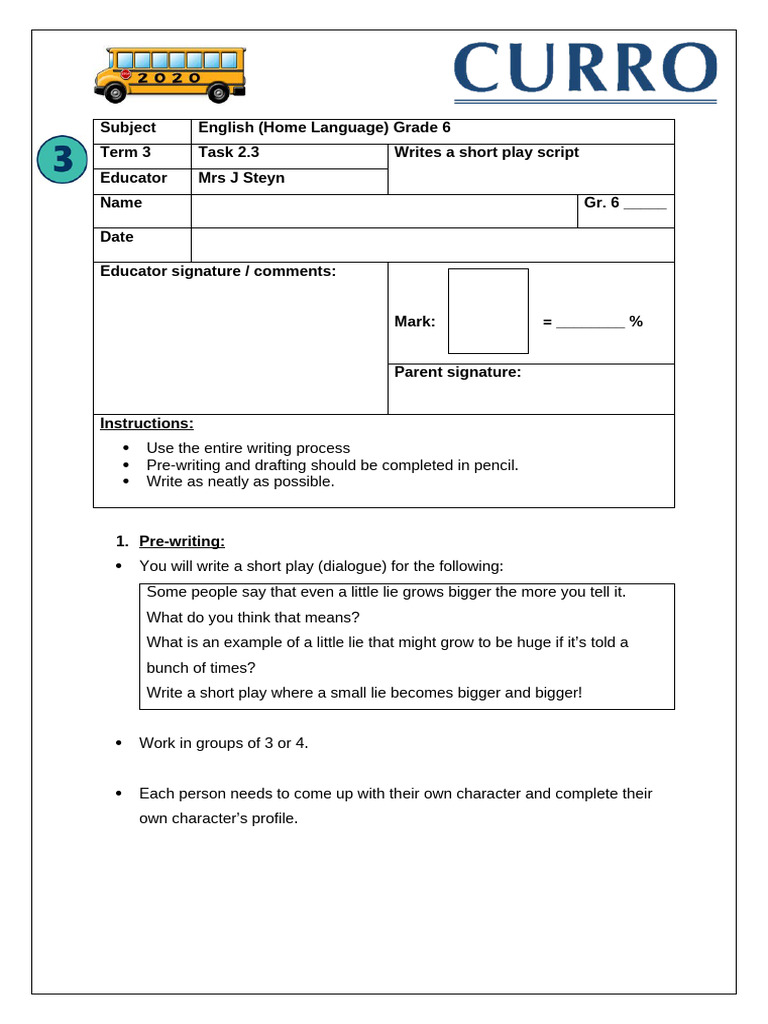 English HL Gr. 6 Assessment Term 3 Task 2.3 Write A Short Play Script ...