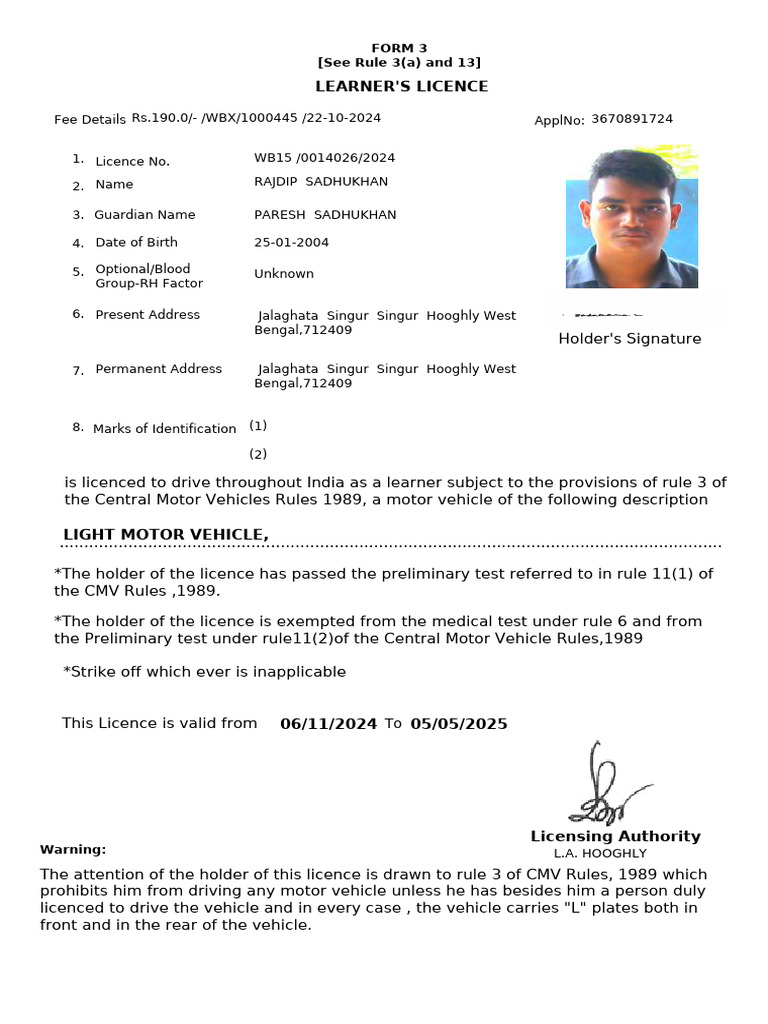 Learner's Licence Form for India | PDF