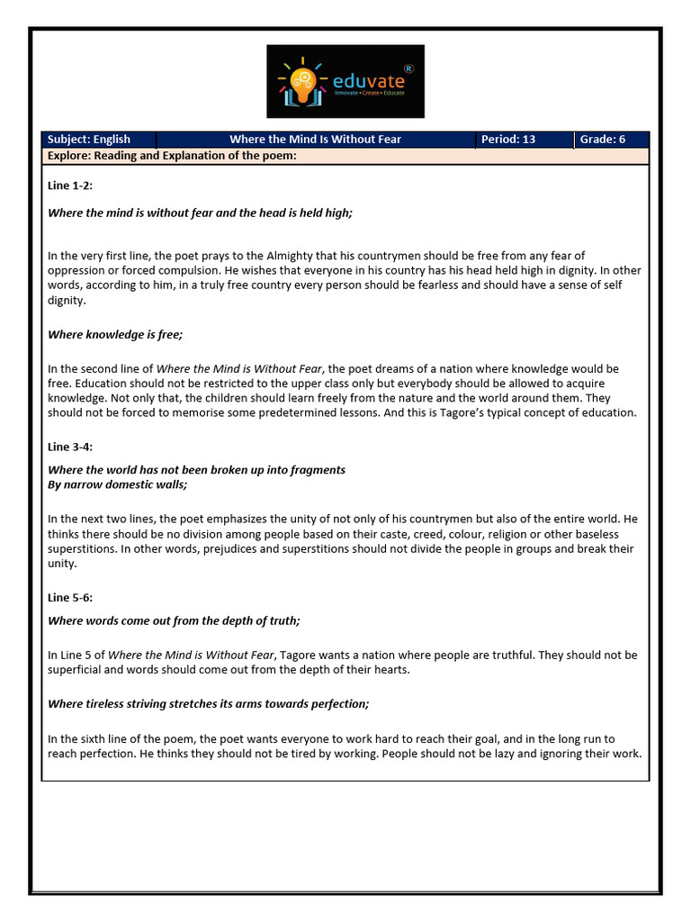 Teacher Reading Material RC CH 5 Where The Mind Is Without Fear Eng GR ...