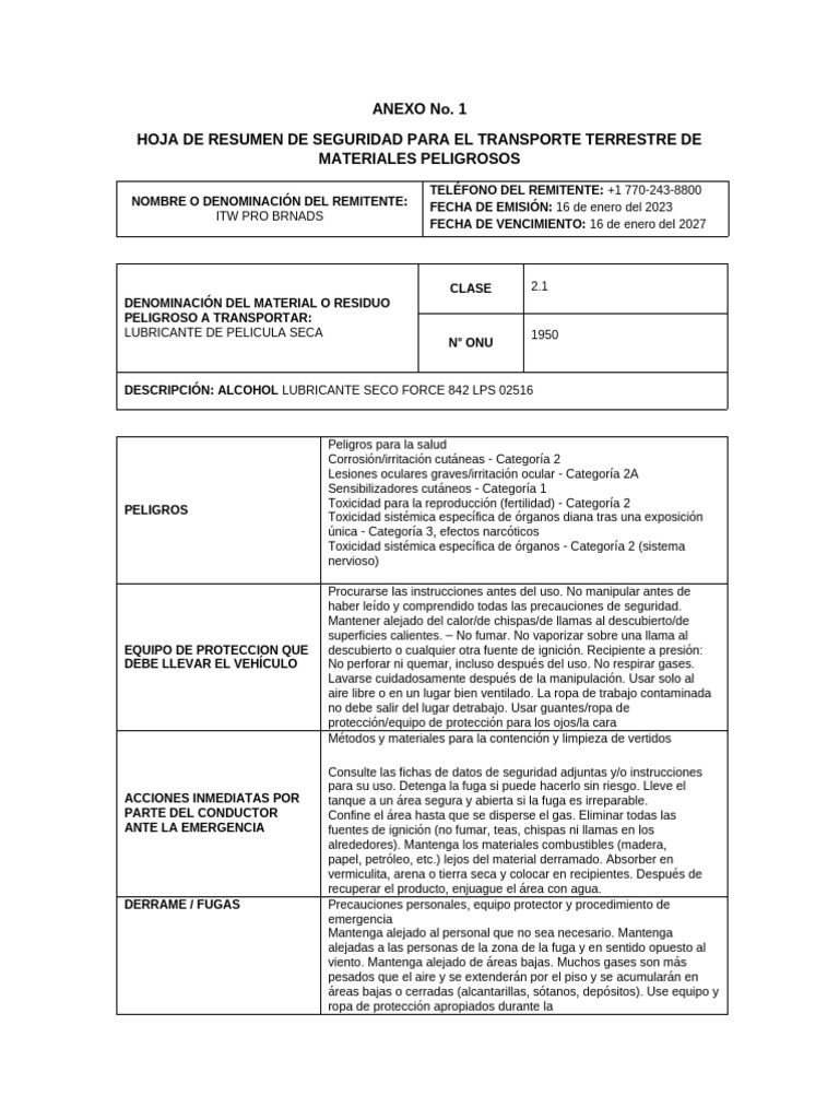 Lubricante Seco A Base de Molibdeno 11oz Force 842 Lps 02516 | PDF ...