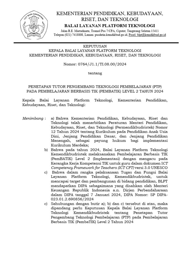 SK Penetapan Tutor PTP Pada Pembelajaran Berbasis Tik (Pembatik) Level 2 Tahun 2024 | PDF