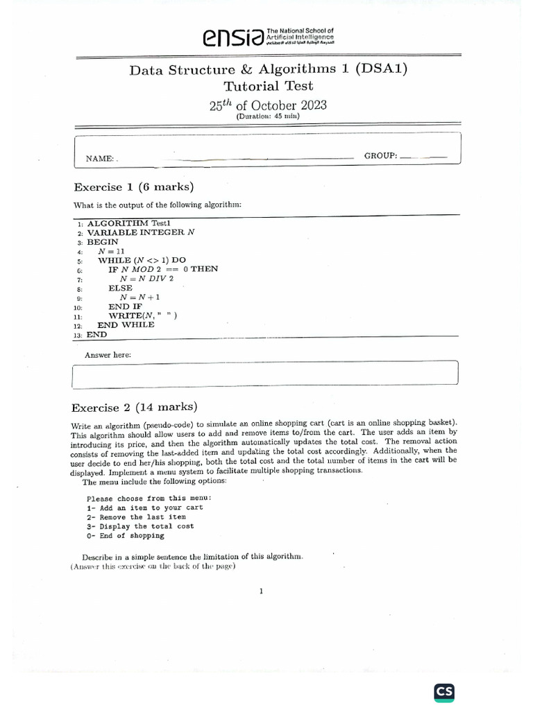DSA Test - 23-24 | PDF