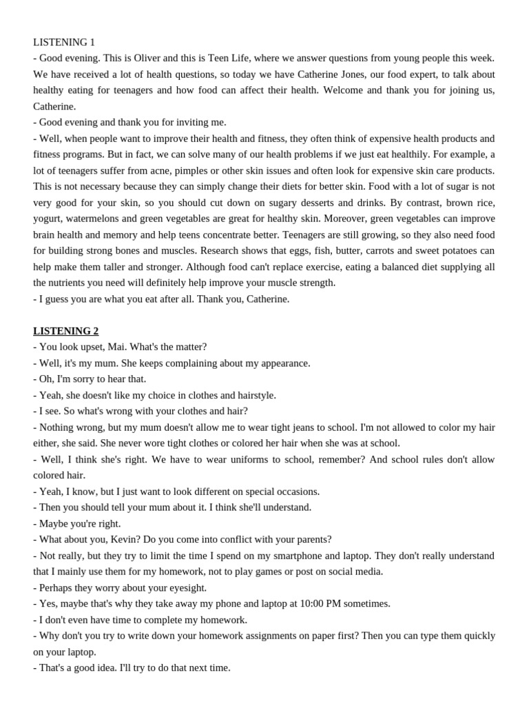 Listening 1 Pdf Healthy Diet Foods