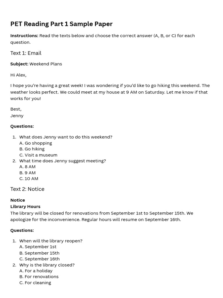 PET Reading Part 1 Sample Paper | PDF