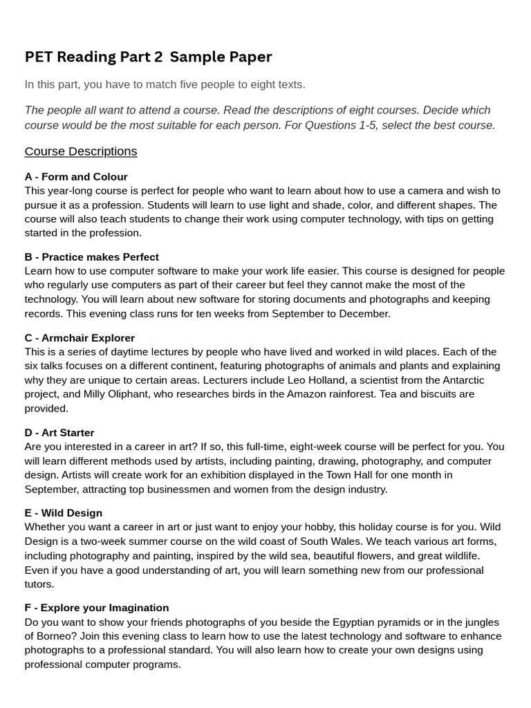 PET Reading Part 2 Sample Paper | PDF | Career & Growth | Language Arts ...