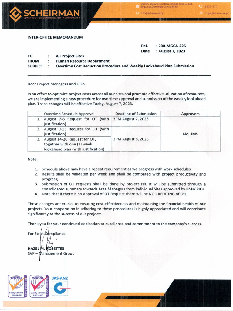 200-MGCA-226 - Overtime Cost Reduction Procedure and Weekly Lookahead ...