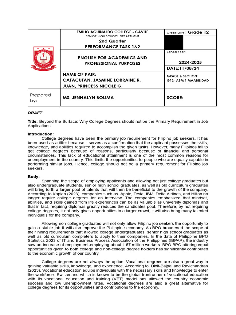 Posisiton Paper EAPP-2ND-Quarter-PT1&2 | PDF | Vocational Education | Outsourcing