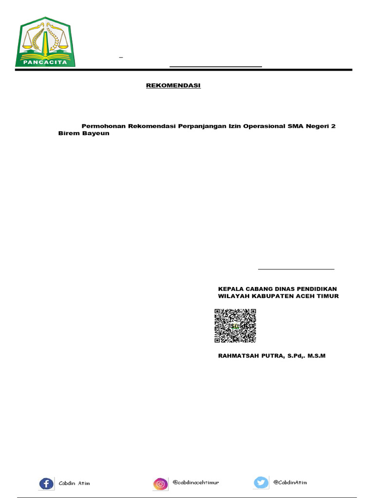 Surat Rekomendasi Perpanjangan Izin SMAN 2 Birem Bayeun-1 | PDF
