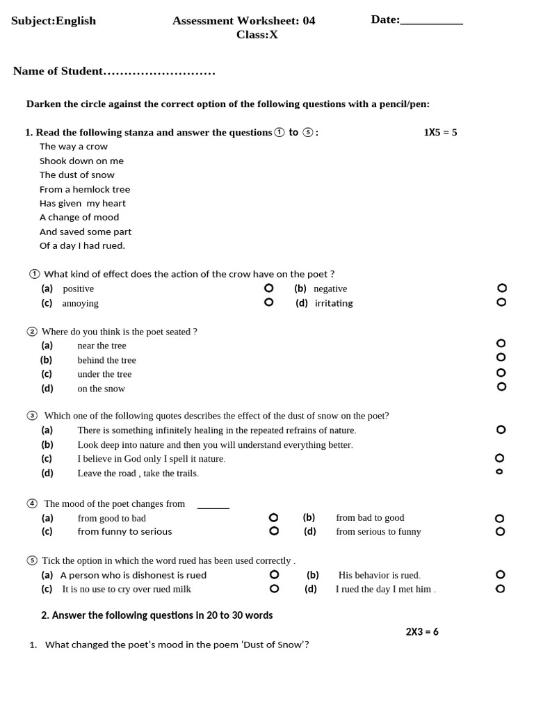 English Assessment Worksheet 04 | PDF