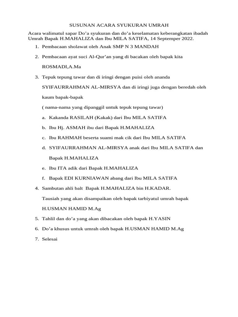 Susunan Acara Syukuran Umrah | PDF