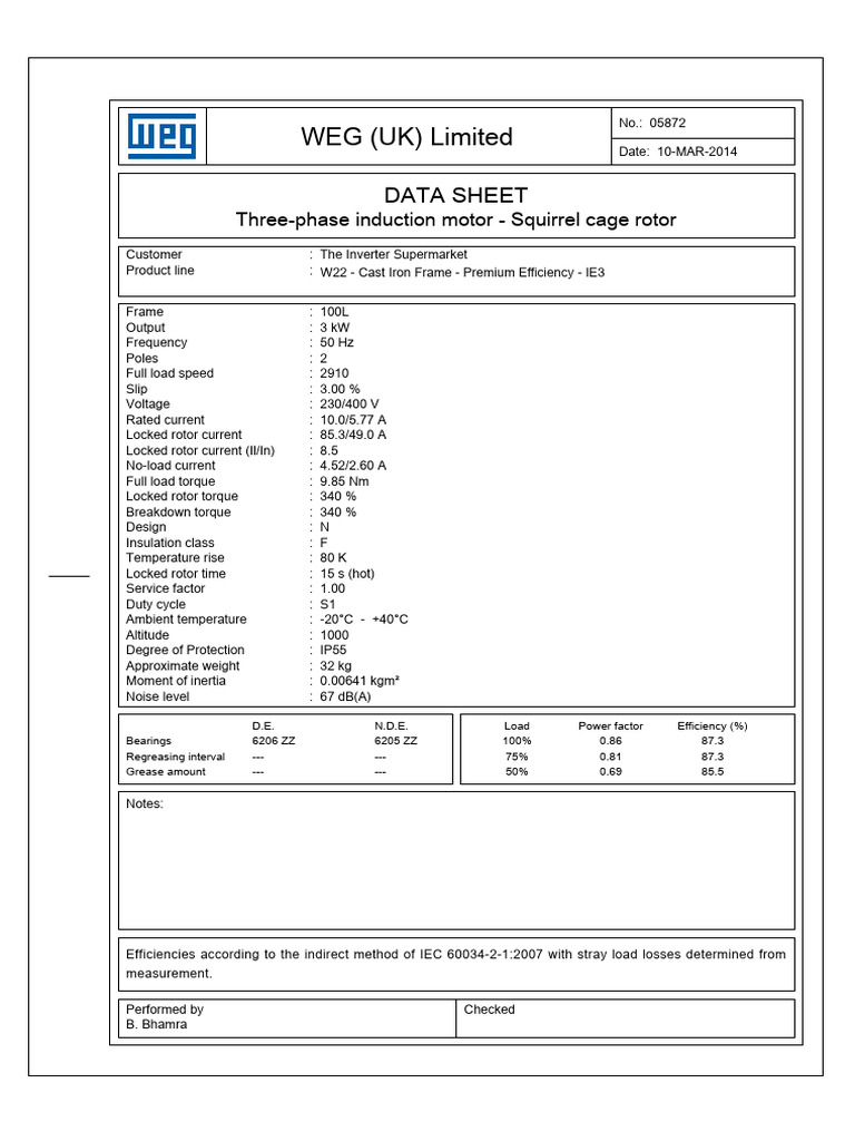 WEG IE3 3kW Motor 05872 Data Sheet | PDF | Electric Motor | Electrical Components
