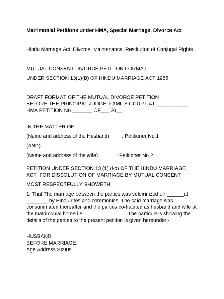 Formats for Hindu Marriage Petitions | PDF | Divorce | Marriage