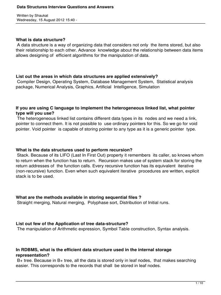 Data Structures Interview Questions And Answers Pdf Pointer Computer Programming