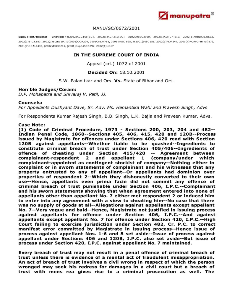 SW Palnitkar v. State of Bihar (2002) 1 SCC 241 Distinction Between 420 and 406 IPC | PDF ...