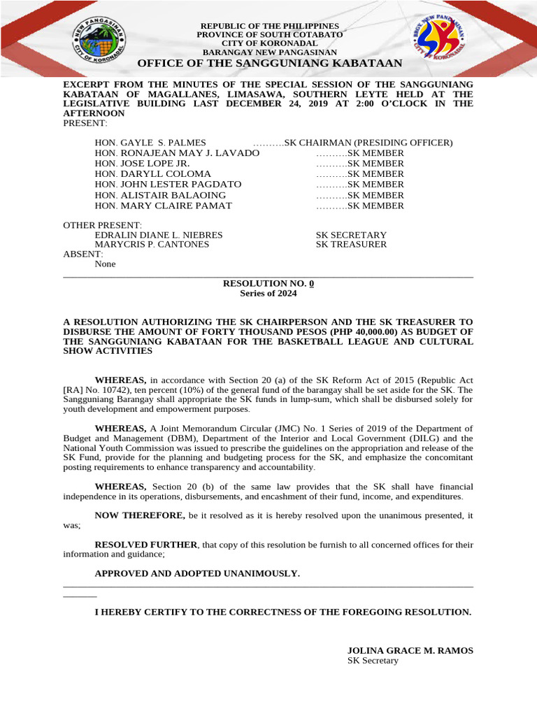 Resolution SK Authorizing Disbursement | PDF | Public Administration | Government