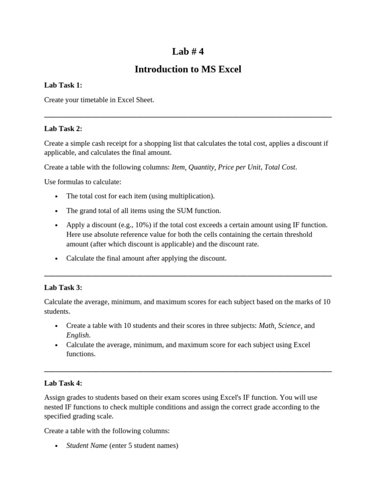 MS Excel Lab Tasks | PDF
