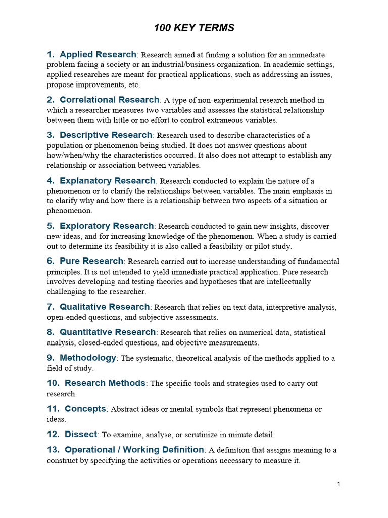 100 Key Terms | PDF | Sampling (Statistics) | Level Of Measurement