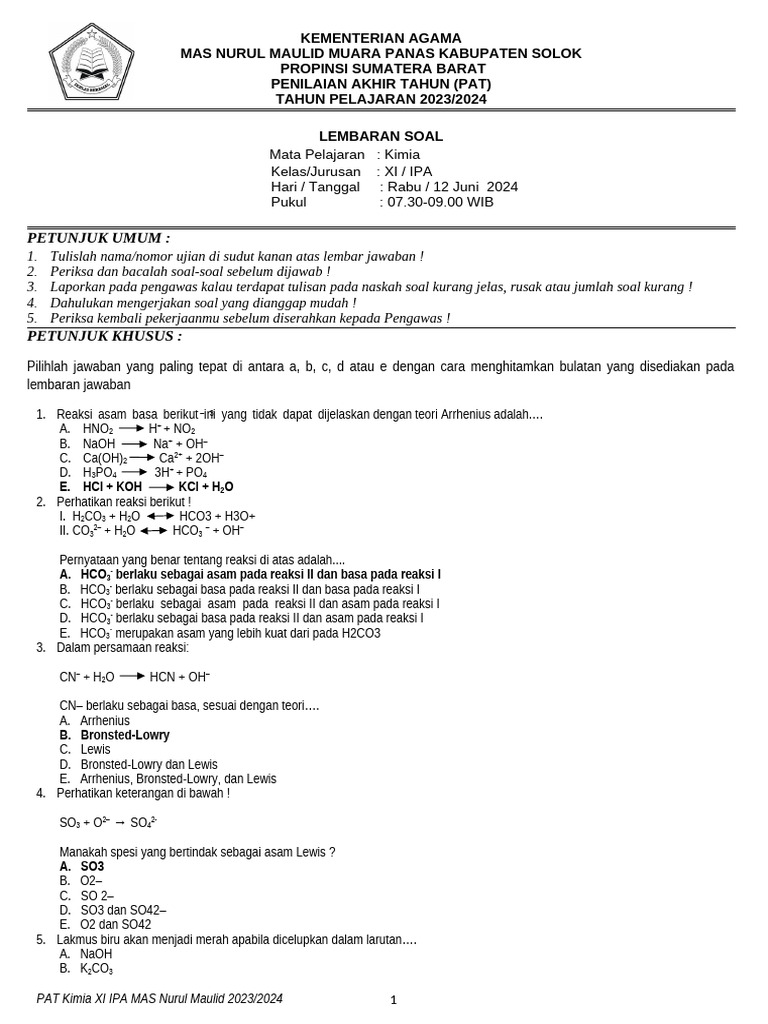 Soal PAT Kimia Kelas XI 2023-2024 | PDF