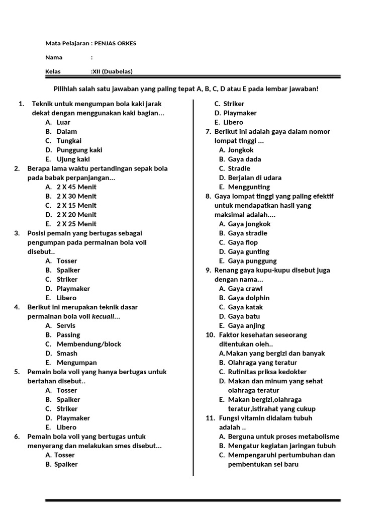 Soal Penjas Kelas 12 | PDF