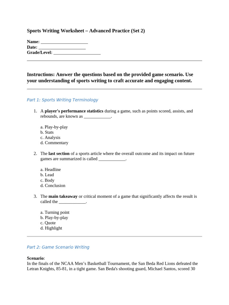 WORKSHEET 2 | PDF | Sports