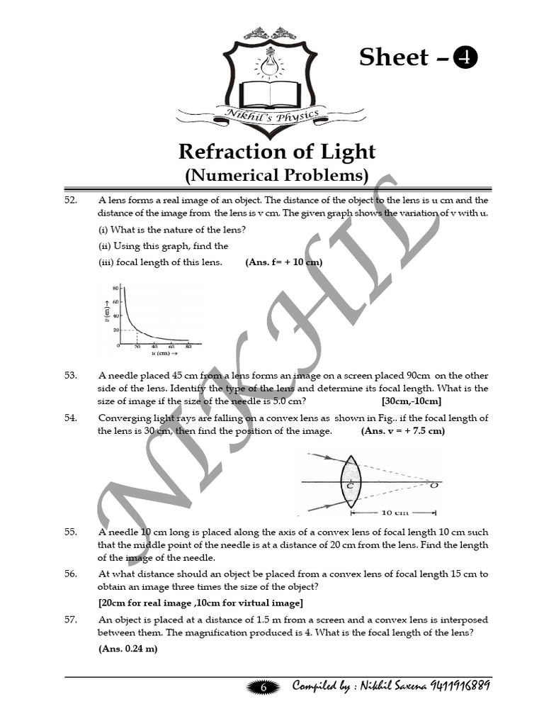 15 Refraction of Light. (Sheet - 4) | PDF | Lenses | Optics