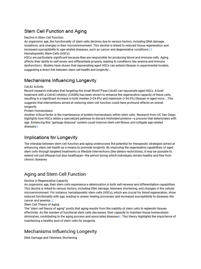 Stem Cell Function and Aging | PDF | Stem Cell | Hematopoietic Stem Cell