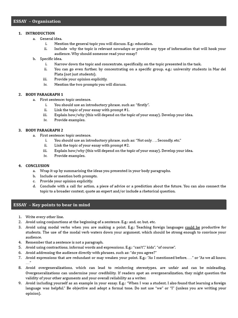 Essay - B2 - Organisation and Key Points | PDF | Essays | Verb