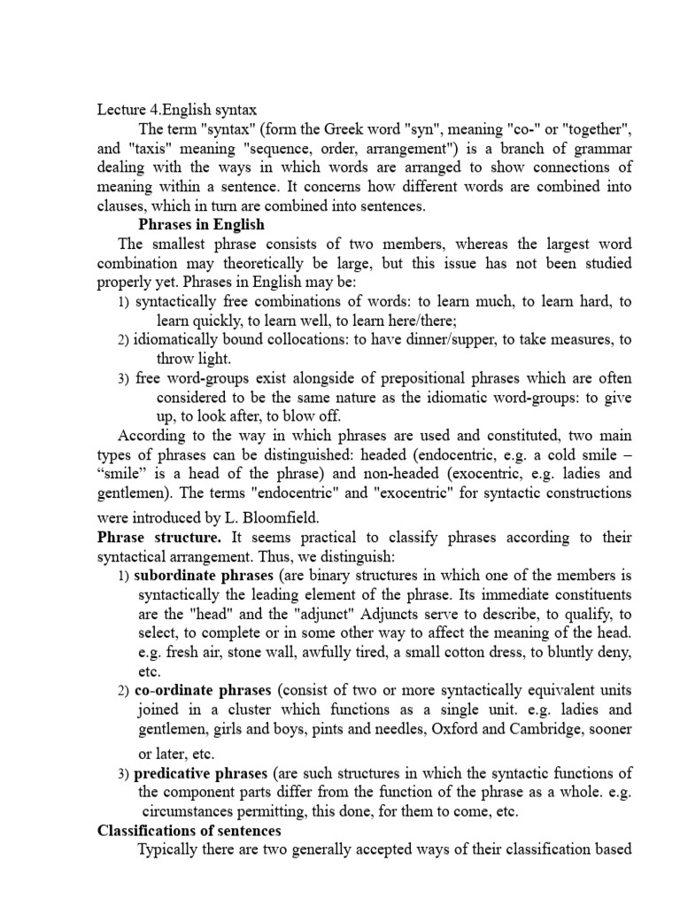Lecture 5. English Syntax | PDF | Phrase | Sentence (Linguistics) Lecture 5. English Syntax | PDF | Phrase | Sentence (Linguistics)