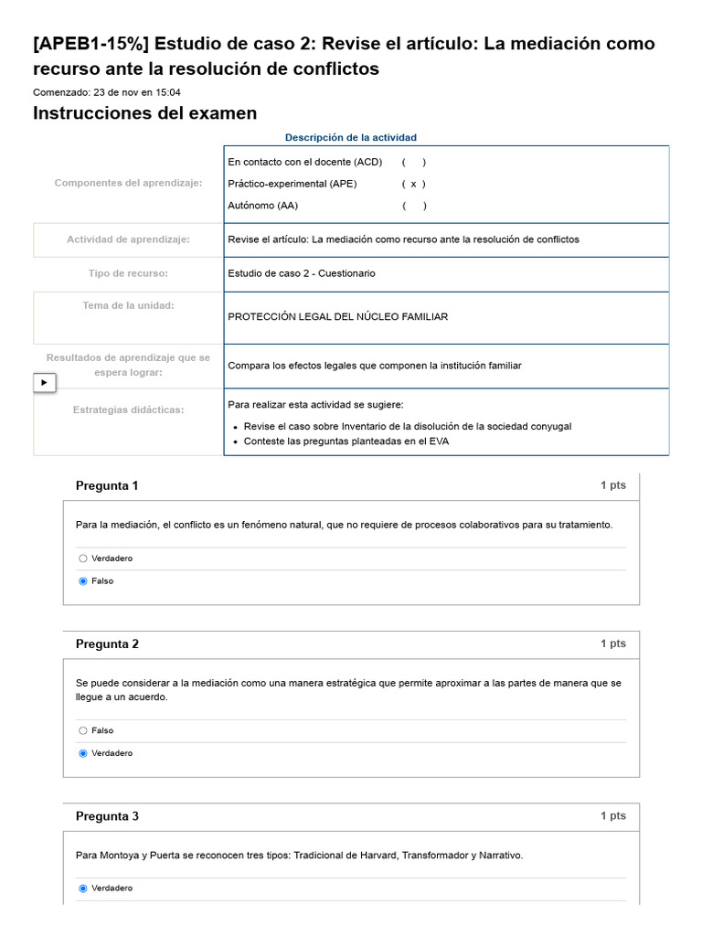 Examen - (APEB1-15%) Estudio de Caso 2 - Revise El Artículo - La Mediación Como Recurso Ante La ...