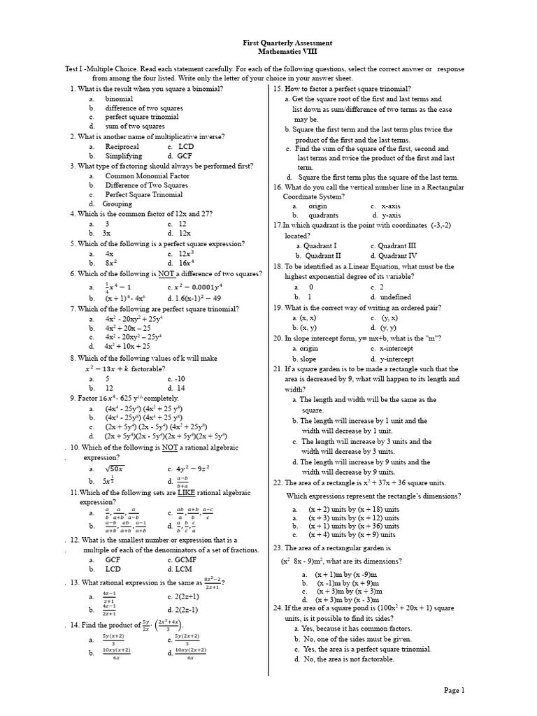 Math 8-1st Quarter Assessment PDF | PDF | Cartesian Coordinate System ...