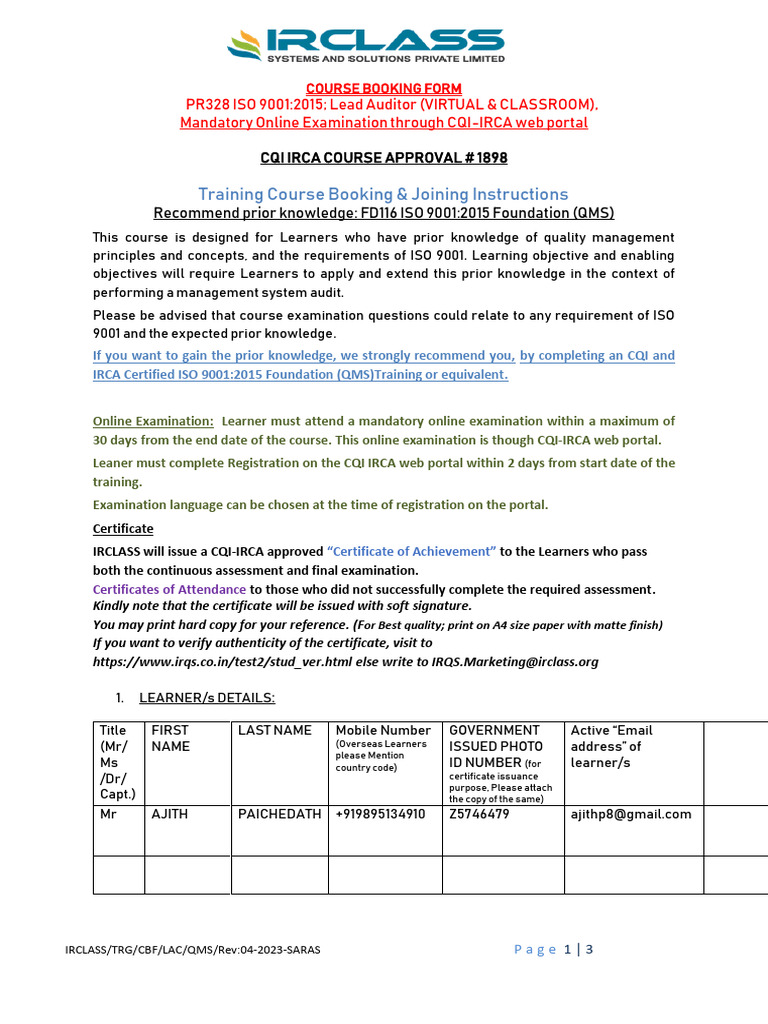 Course Booking Form QMS-VILT CR Apr - 2023-SARAS | PDF | Iso 9000 ...