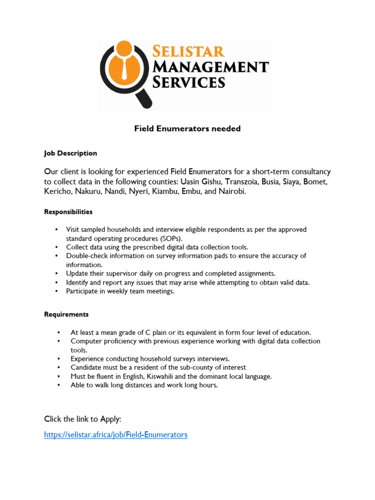 Field Enumerator Jobs in Kenya | PDF