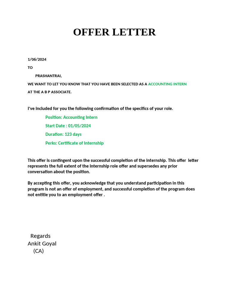 Offer Letter: Regards Ankit Goyal (CA) | PDF | Career & Growth ...