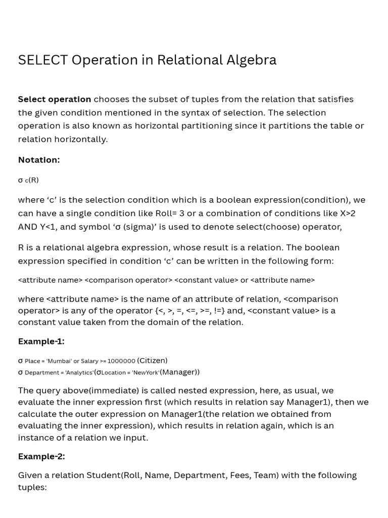 SELECT Operation in Relational Algebra - 20241024 - 102938 - 0000 | PDF | Relational Model ...