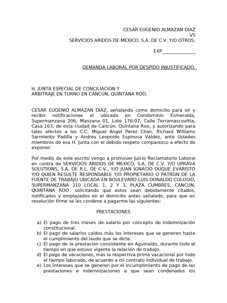 Cesar Eugenio Almazan Diaz Demanda | PDF | Salario | Justicia