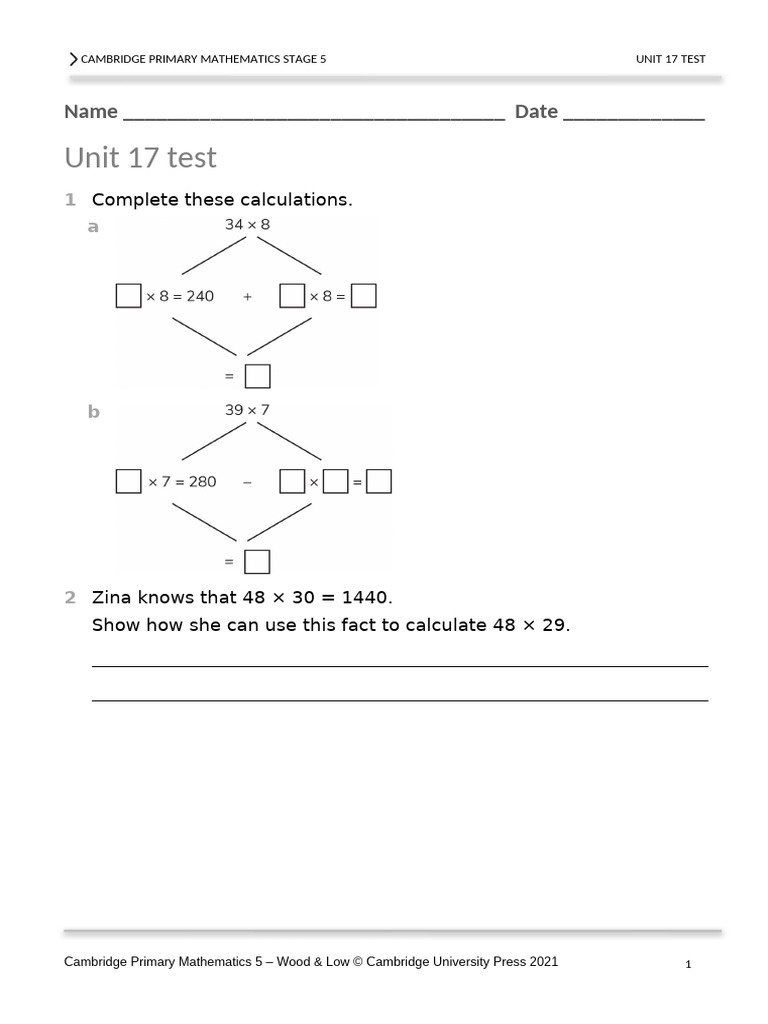 Prim Maths 5 2ed TR Unit 1 Test7 | PDF