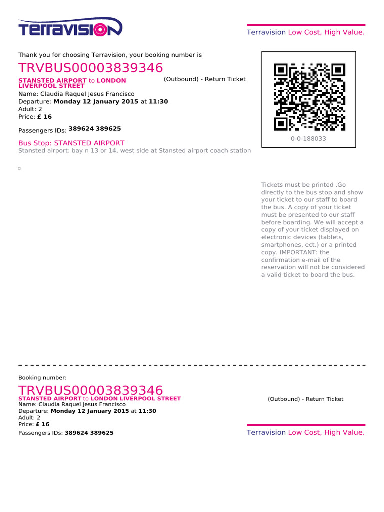Terravision Bus Ticket Confirmation | PDF | Bus Transport | Transport
