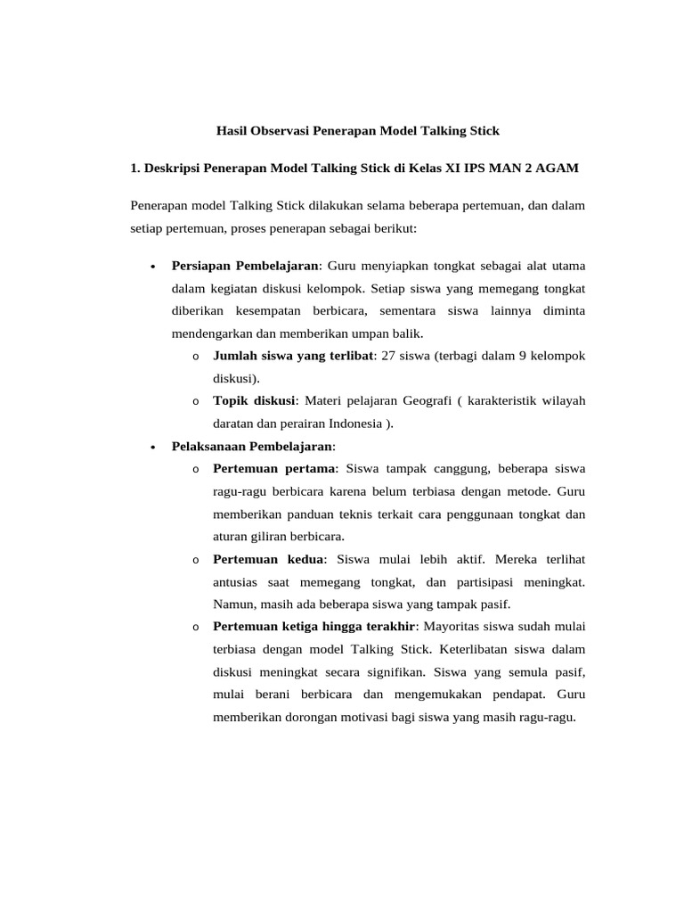 Hasil Observasi Penerapan Model Talking Stick | PDF